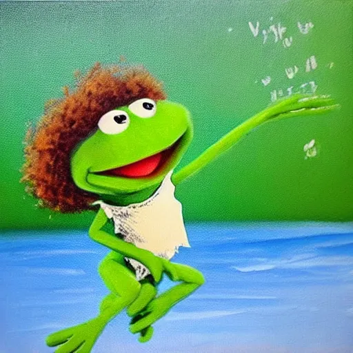 “Bob Ross painting of Kermit the Frog jumping off of a | Stable ...
