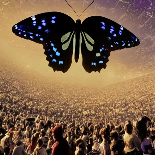 a large, dark butterfly is seen above the crowd, by | Stable Diffusion ...