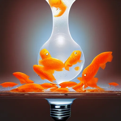 a lightbulb filled with water and goldfish. dark | Stable Diffusion