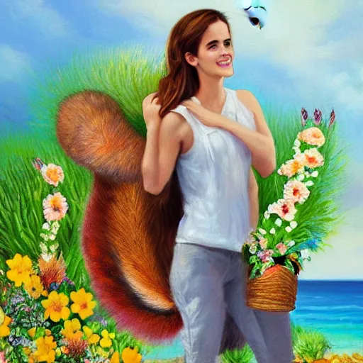 a giant fluffy squirrel carrying emma watson on its | Stable Diffusion ...