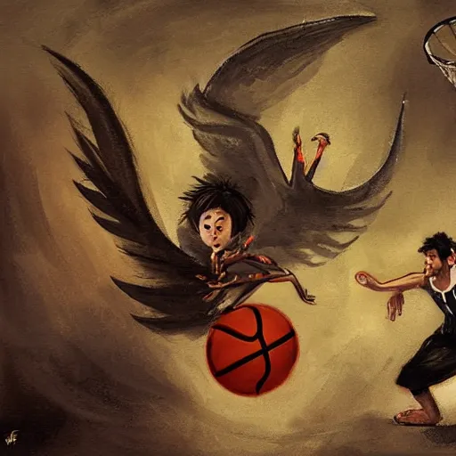 Angel and Devil playing basketball in underworld, 8k, | Stable Diffusion