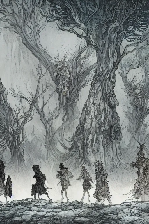 group of treefolk merchant nomads walking through a | Stable Diffusion ...