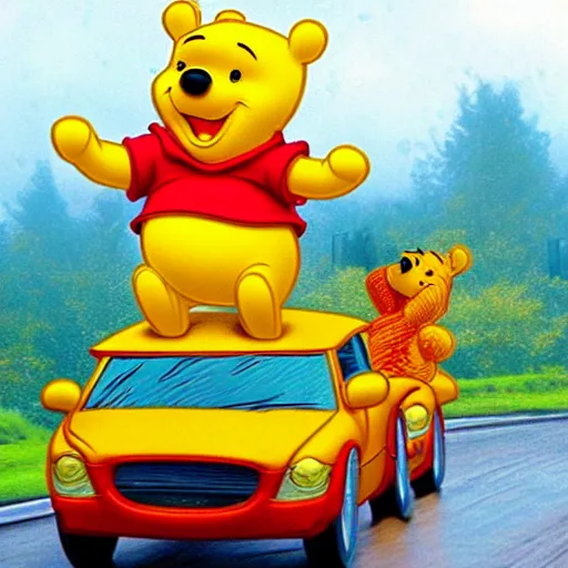 winnie the pooh driving a car down a motorway while | Stable Diffusion ...