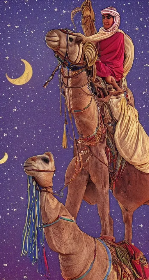 an arabian merchant rides her camel in the desert at | Stable Diffusion ...