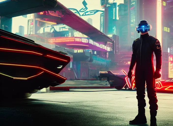 Cyberpunk racer wearing race suit and helmet standing | Stable Diffusion