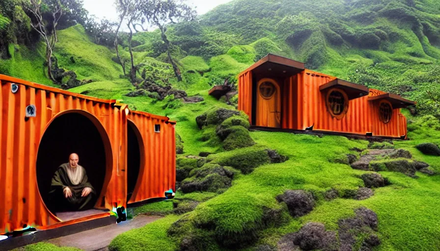 hobbit monastery on hawaii, shipping container | Stable Diffusion