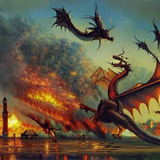 very beautiful oil painting of Dragon invasion of | Stable Diffusion | OpenArt