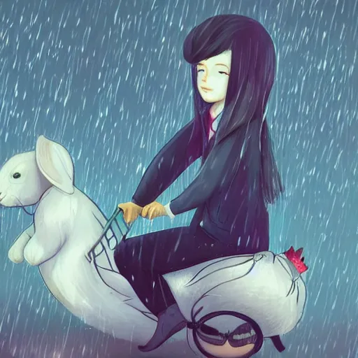 a beautiful girl riding a giant white rabbit. the girl | Stable ...