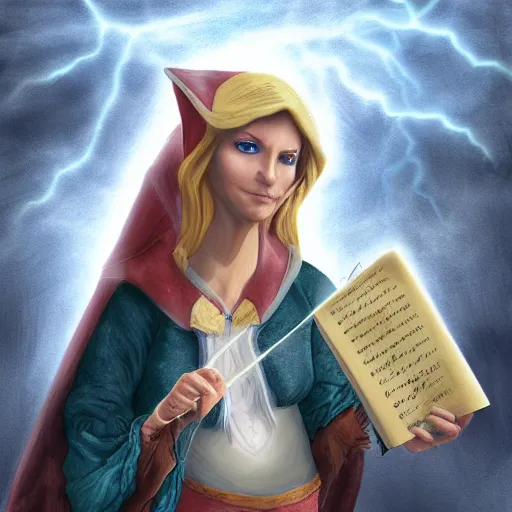 An old female elf holding a scroll, storm background, | Stable ...