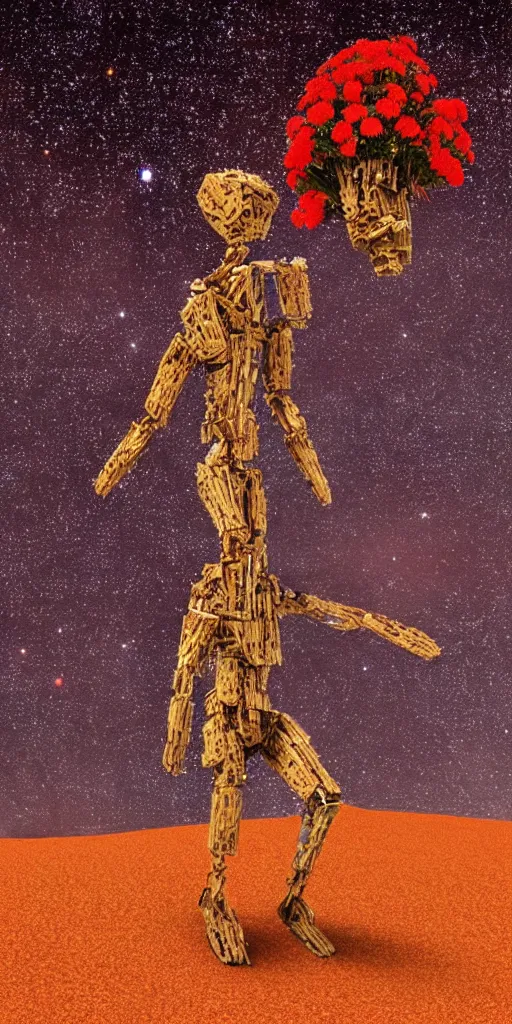 a humanoid figure made of flowers walking over a | Stable Diffusion ...