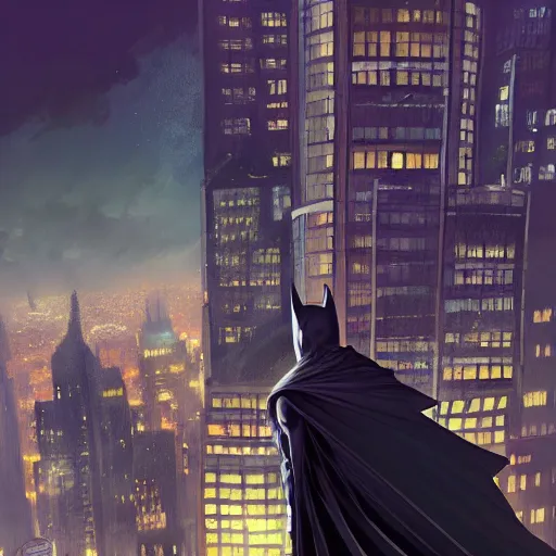 Batman overlooking Gotham City from a skyscraper at | Stable Diffusion ...