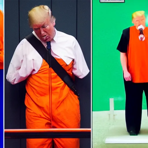 donald trump wearing orange prison jumpsuit, locked | Stable Diffusion
