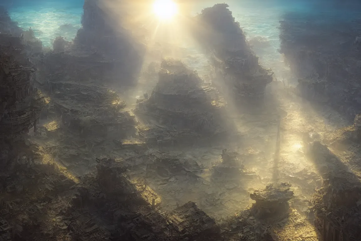sunbeams shining through underwater city ruins, oil | Stable Diffusion ...