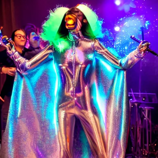 a singer wearing an iridescent alien costume, holding | Stable Diffusion