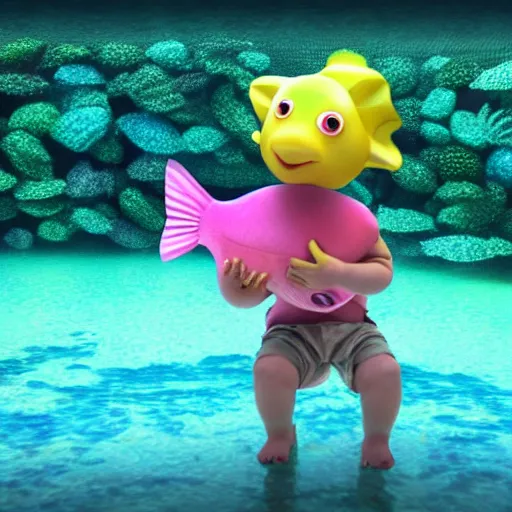 a sweet baby hugs a huge colorful fish. Cinematic | Stable Diffusion ...