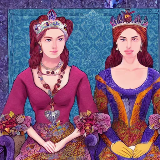 two beautiful young queens sitting in thrones across | Stable Diffusion ...