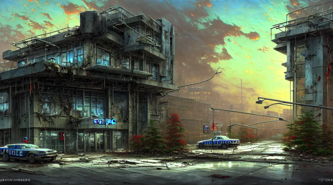 post apocalyptic police station, building, avenue, | Stable Diffusion