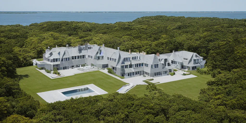 grey wooden cape cod hamptons mansion next to body of | Stable Diffusion