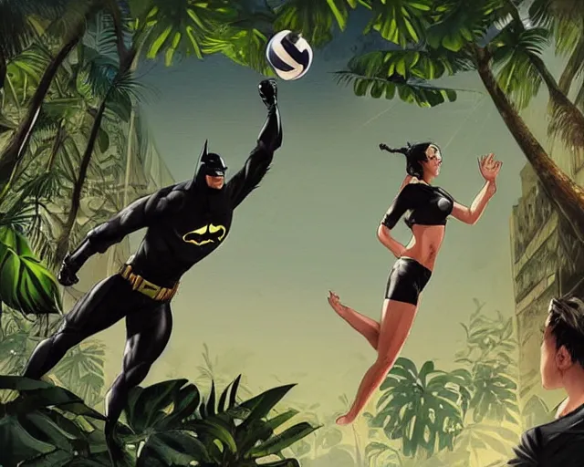 batman and gorilla are playing volleyball in a jungle | Stable Diffusion | OpenArt