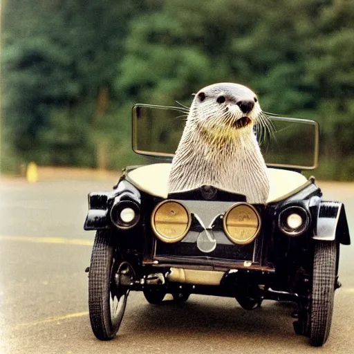 vintage photo 1920 of otter driving a car, cinestill, | Stable Diffusion