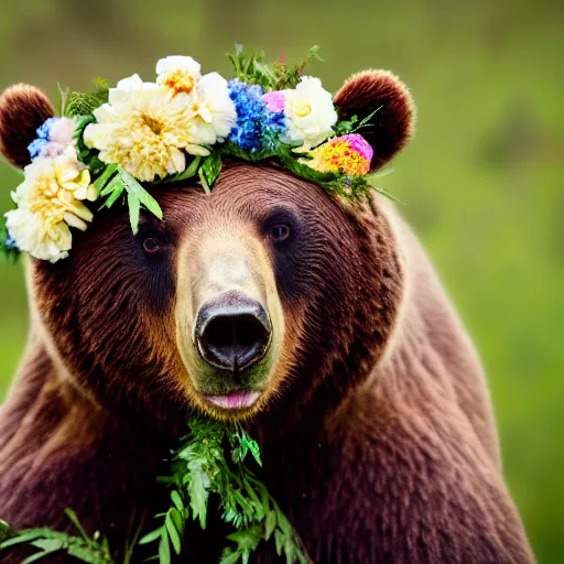 bear with flowers on his head, beautiful and cute, | Stable Diffusion ...