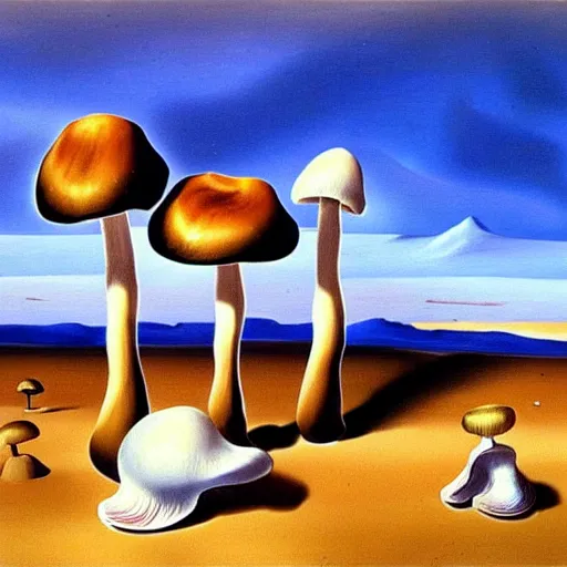 painting of mushrooms desert animals by Salvador Dali | Stable Diffusion