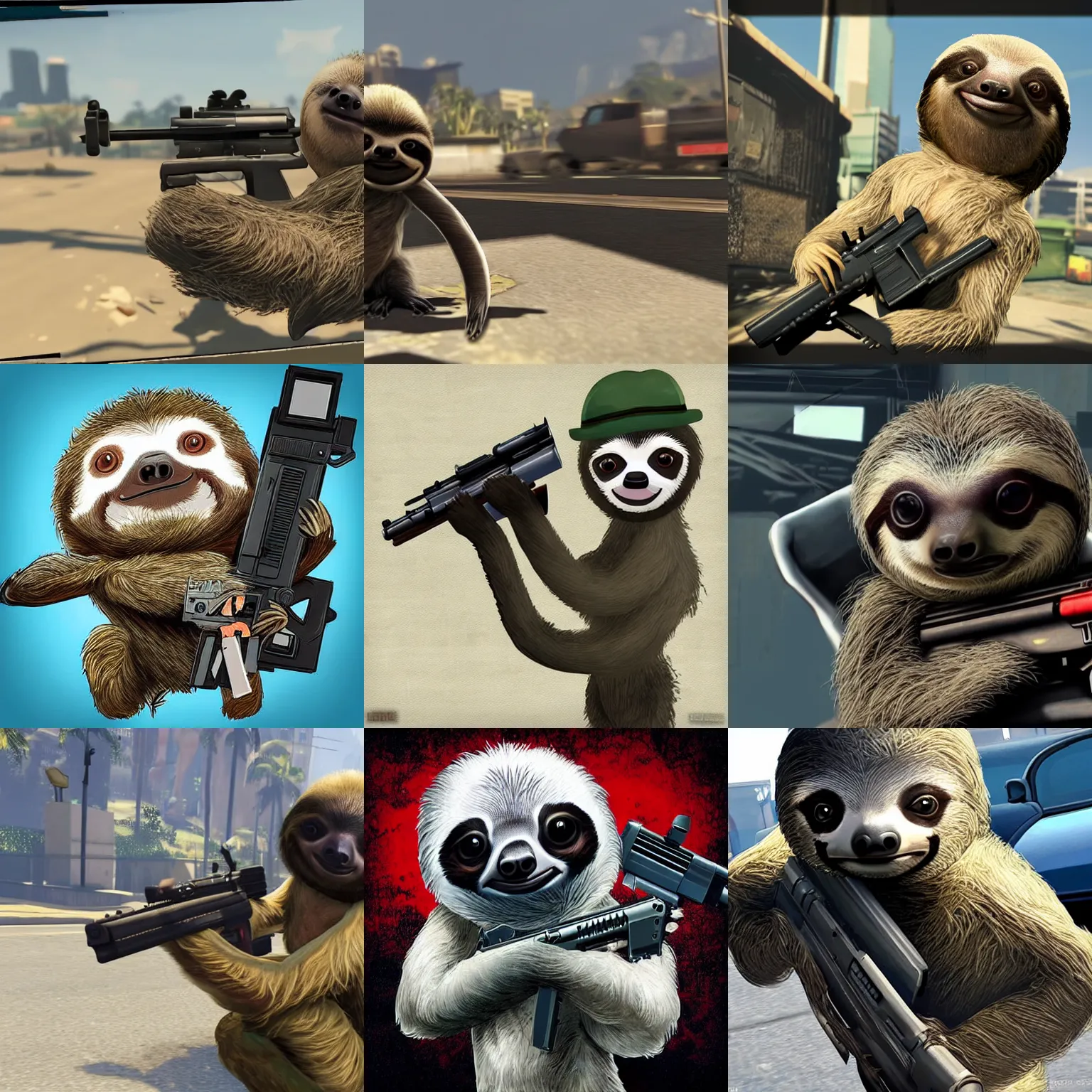 baby sloth with a machine gun gta v style | Stable Diffusion
