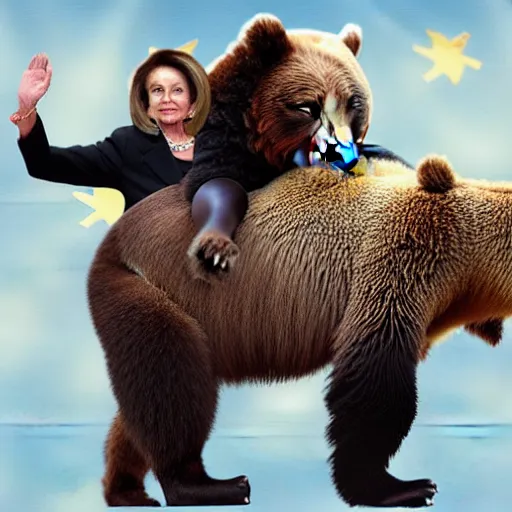 nancy pelosi riding on top of a grizzly bear | Stable Diffusion | OpenArt