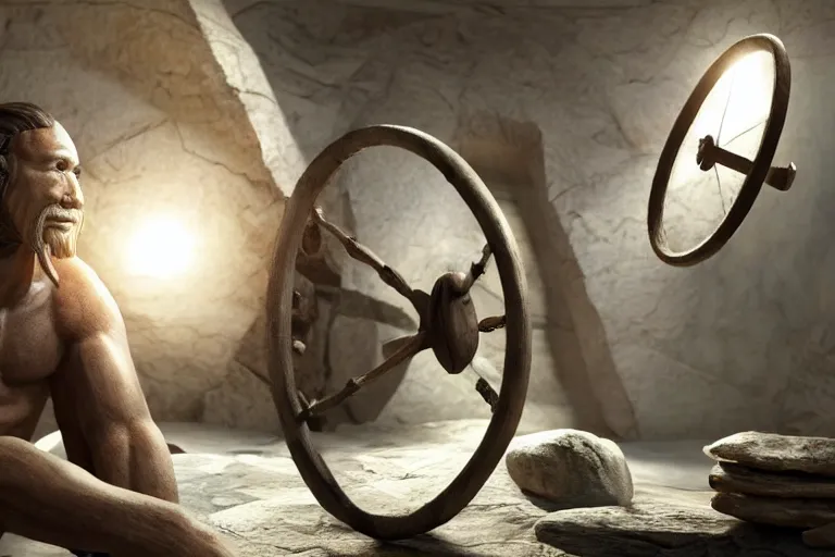 still phot of a 3 5 0 0 bc man inventing the wheel, | Stable Diffusion ...