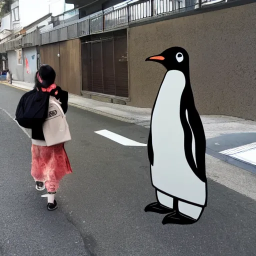penguin wearing a messenger bag walking in a japanese | Stable ...