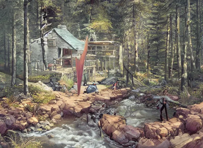matte sharp painting, a river running past a cozy | Stable Diffusion ...