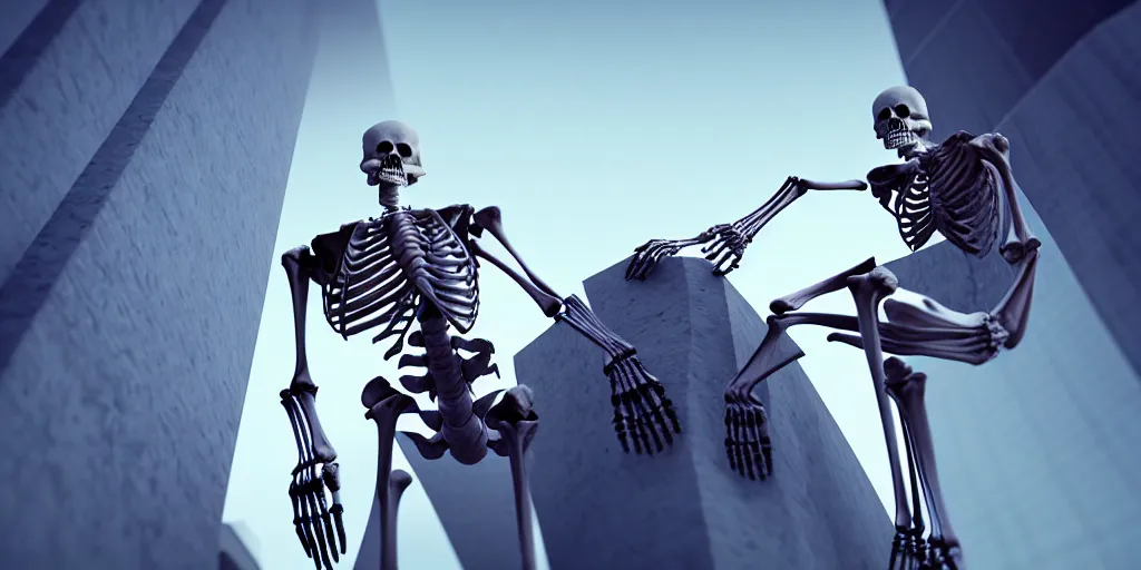 large human skeleton going up the side of a tall | Stable Diffusion