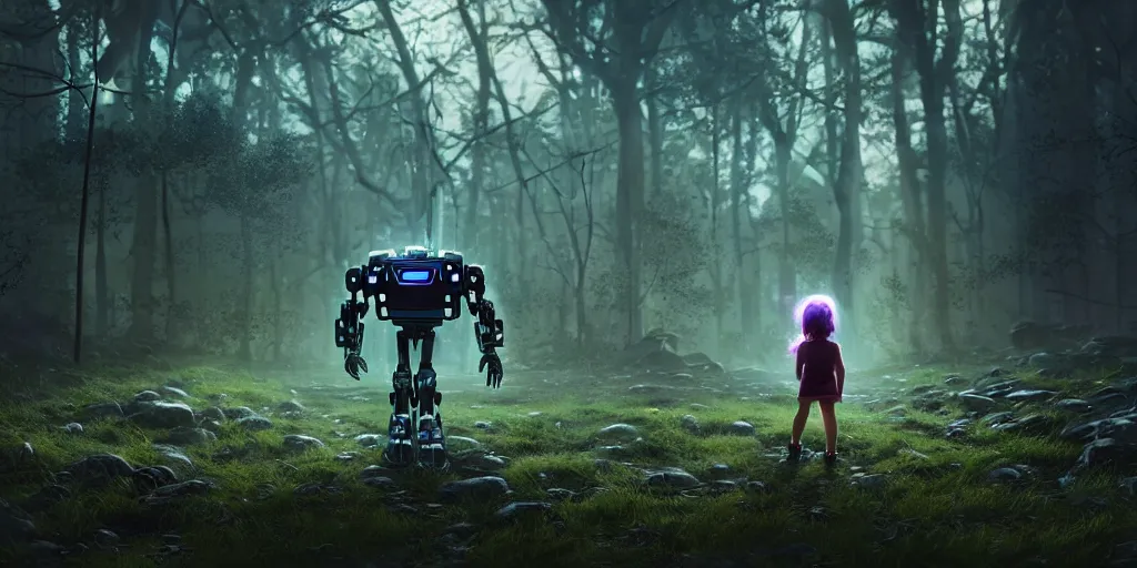 sci - fi scene in future cyberpunk forest, little girl | Stable ...