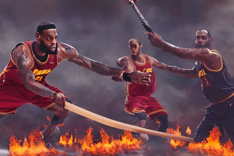 a photo of lebron james wielding a flaming sword | Stable Diffusion ...