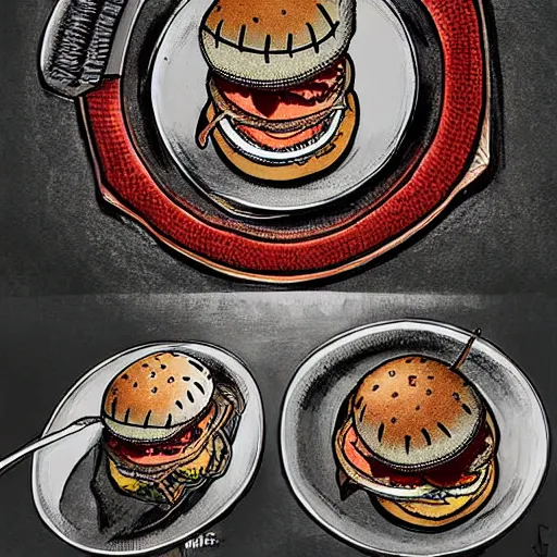 intricate detailed burger with huge fork weapon, dark | Stable ...