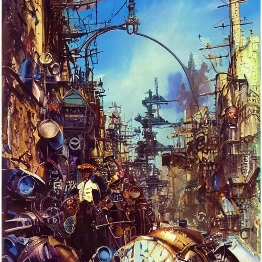 people a street in steampunk new crobuzon by tom | Stable Diffusion