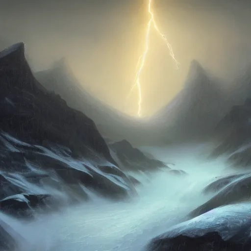 snowy mountains during a thunderstorm, noah bradley, | Stable Diffusion ...