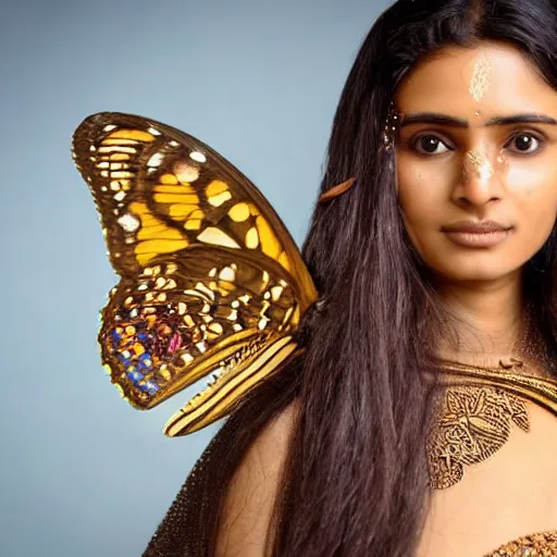 a brown south asian woman wearing a butterfly armor. | Stable Diffusion