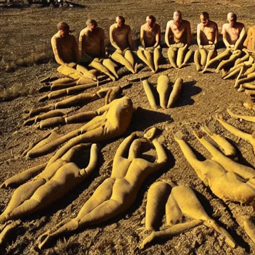 Neolithic humans praying to a giant golden baby seal, | Stable ...