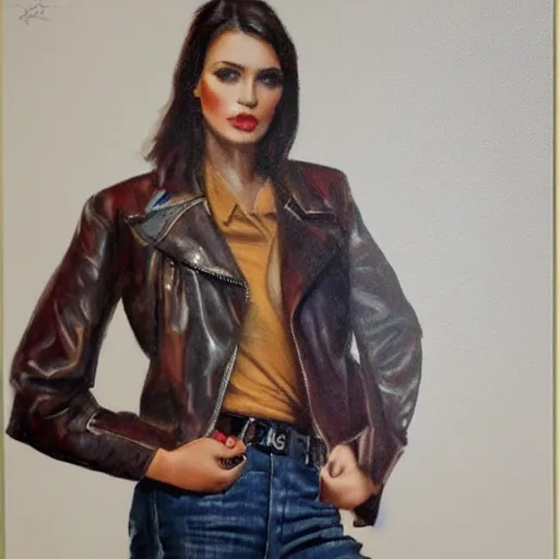 fashion model with leather jacket painted by rockwell, | Stable ...