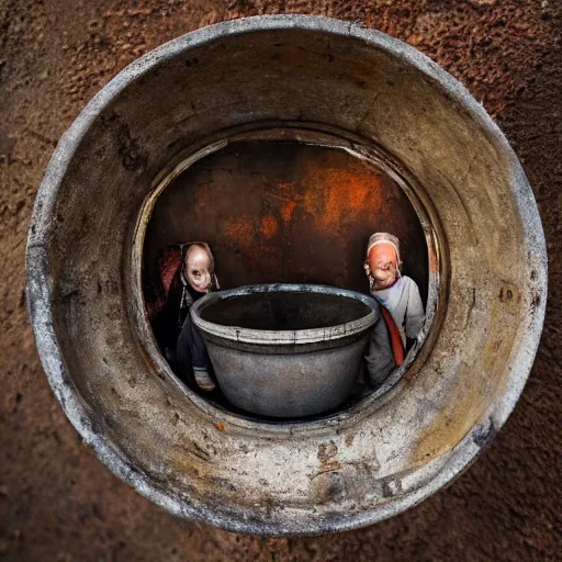 a human head inside of a rusty old pot!!!!!, overhead | Stable Diffusion