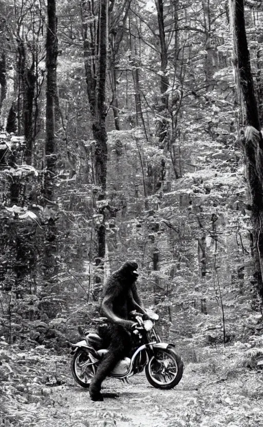 a pinhole photograph of bigfoot riding a motorcycle | Stable Diffusion ...