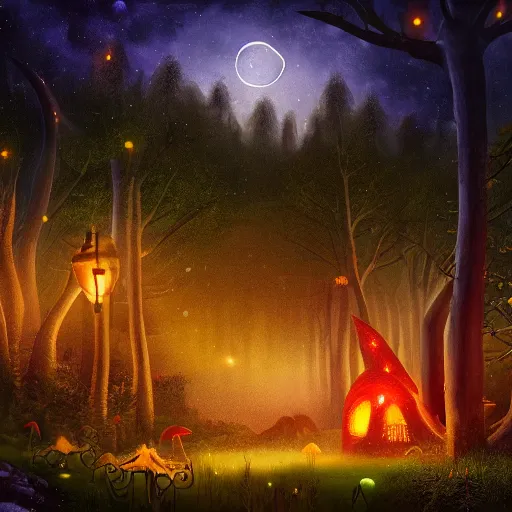 woodland village, in the night, fantasy, crescent moon | Stable ...