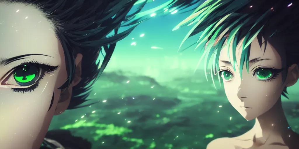 deep green anime eyes, prism highlights, depth of | Stable Diffusion ...