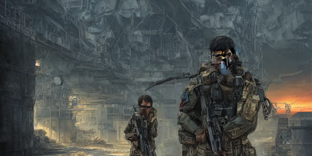 private military company operative guarding harborside | Stable ...