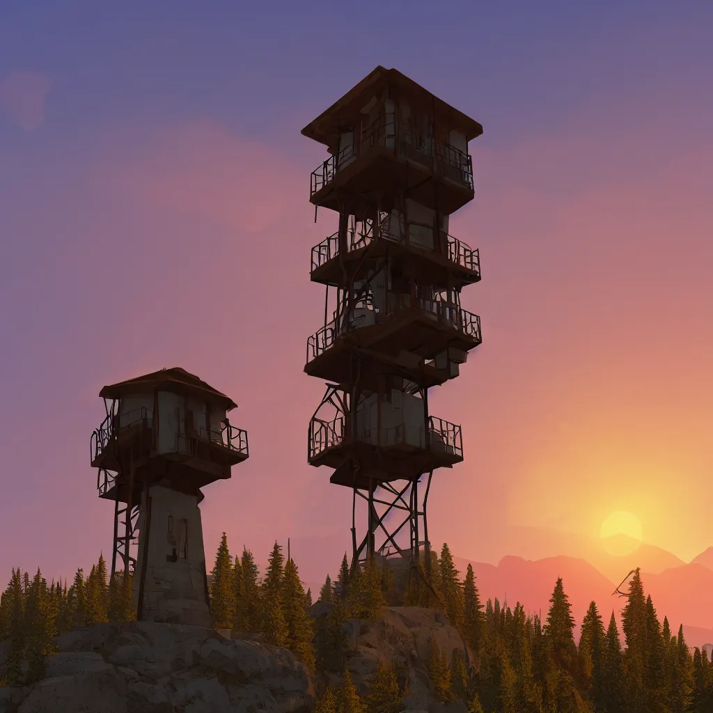 isometric view of a firewatch tower at sunset by james | Stable Diffusion | OpenArt