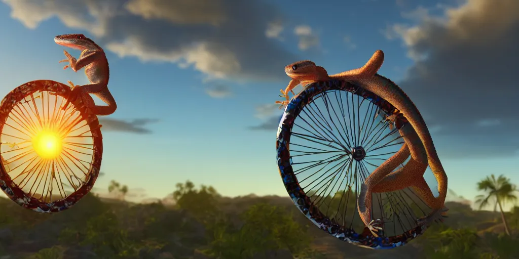 gecko riding a unicycle at sunrise, photo real, ultra | Stable ...