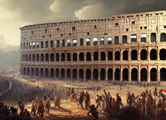 Colosseum interior in the 100AD with two fighters in | Stable Diffusion
