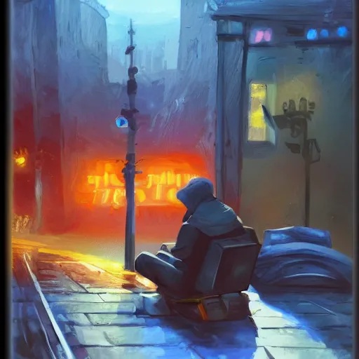 homeless man gaming and streaming on twitch on a PC, | Stable Diffusion ...