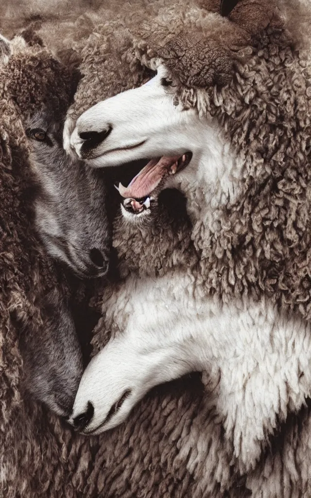a beksinki sheep biting the neck of a realistic wolf | Stable Diffusion ...